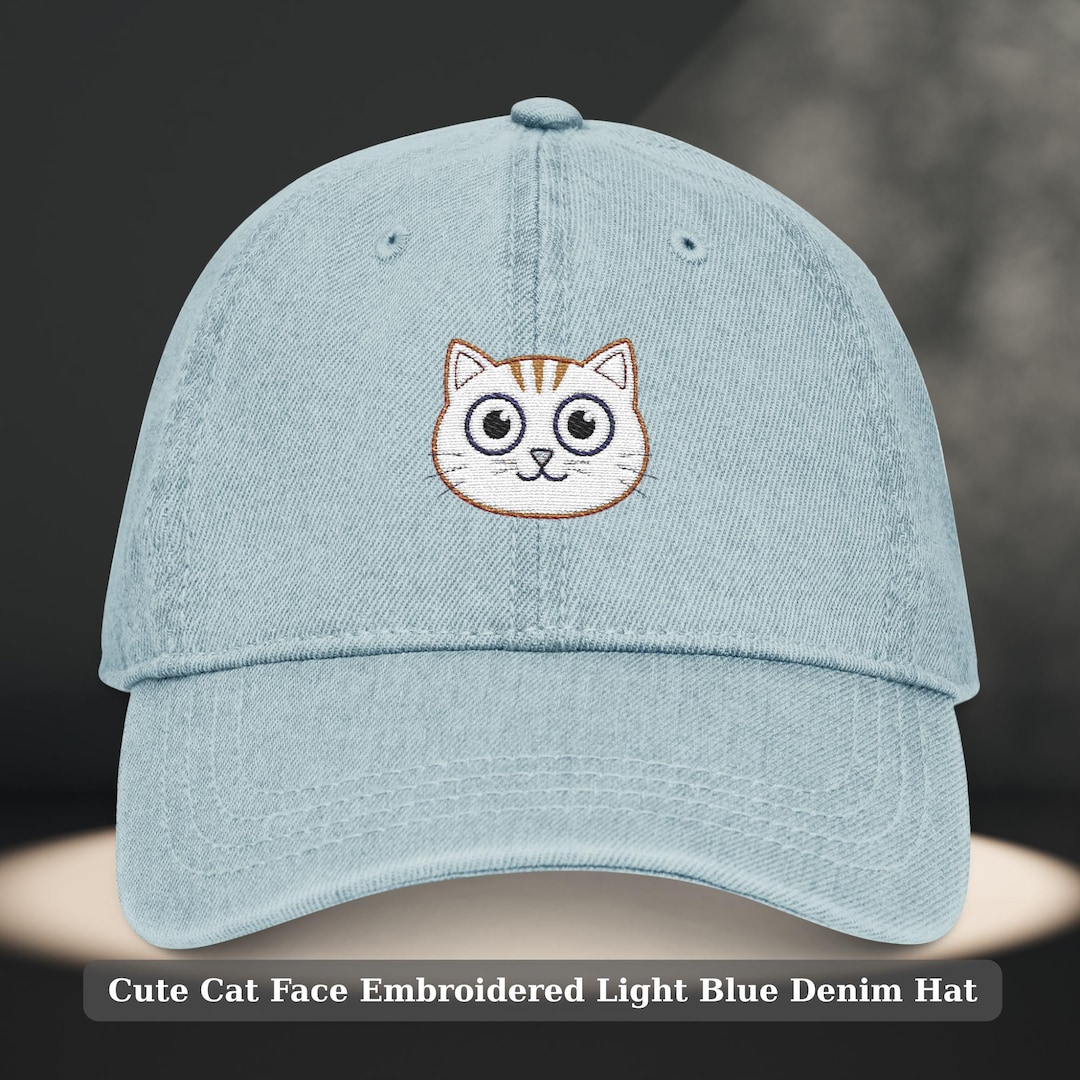Cat Face Embroidered Denim Hat - Light Blue Cartoon Kitty Dad Cap ...
