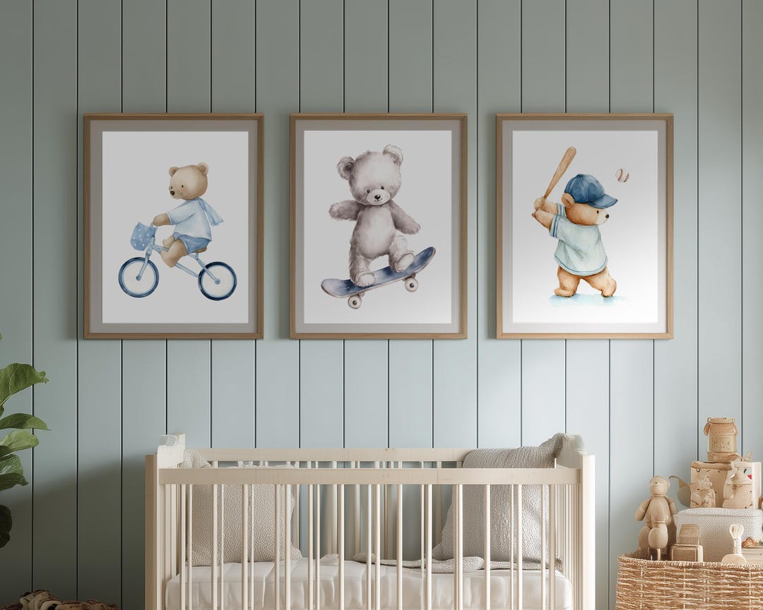 Teddy Bear Sports Nursery Art: Blue Watercolor Prints (set of 3 Digital ...
