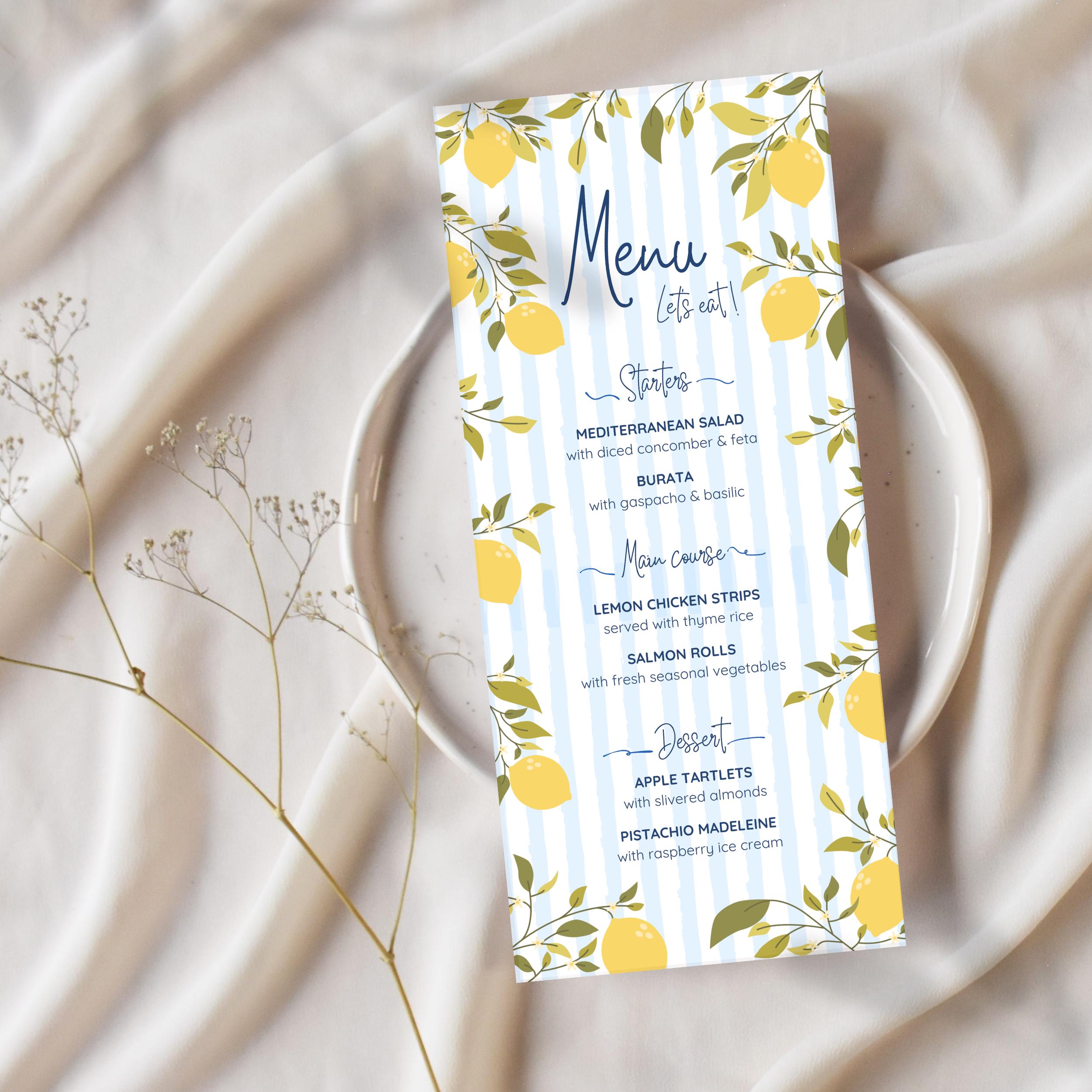 Lemon Menu Template, Summer Menu Template, Italian Menu, Lemon Wedding ...