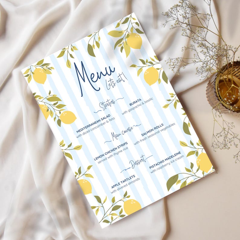 Lemon Menu Template, Summer Menu Template, Italian Menu, Lemon Wedding ...