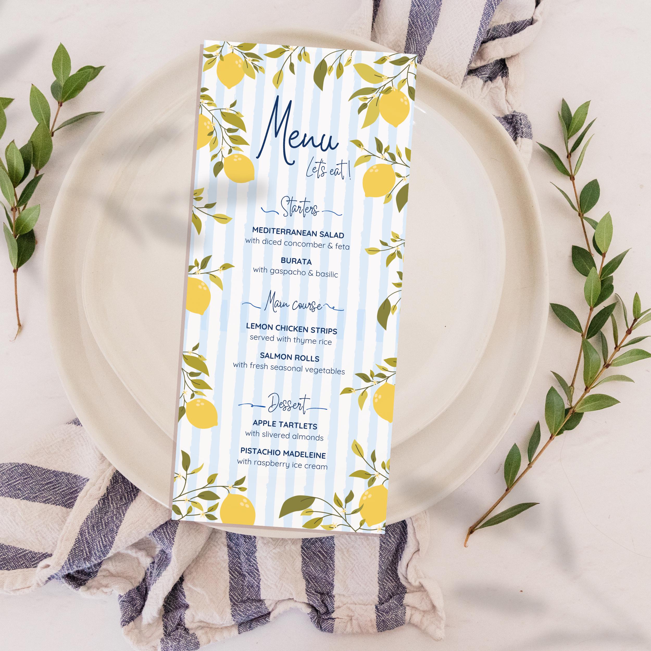 Lemon Menu Template, Summer Menu Template, Italian Menu, Lemon Wedding ...