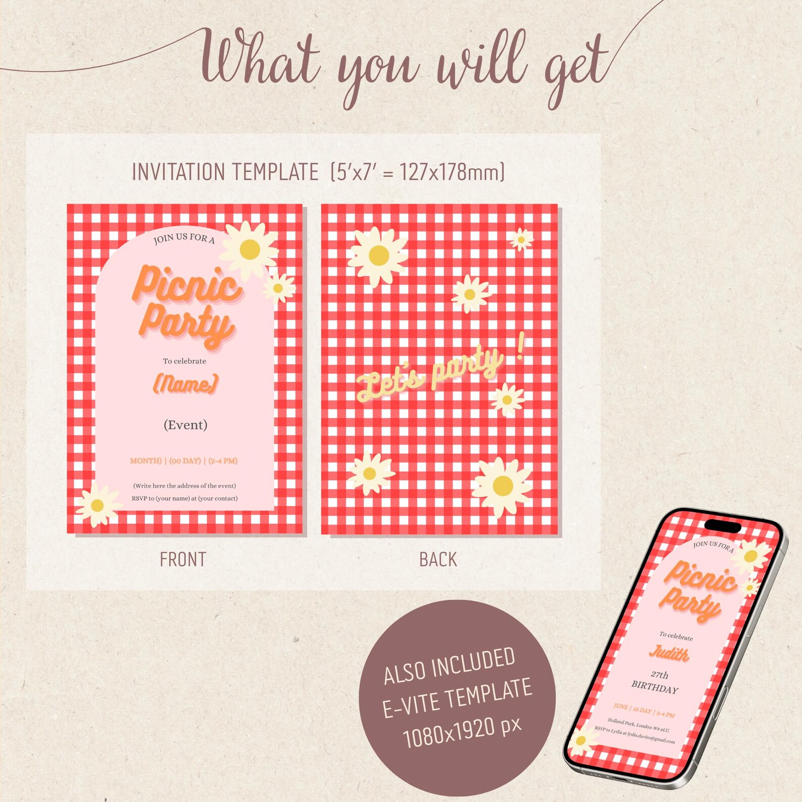 Picnic Invitation Gingham Theme, Colorful Card to Personalize for ...