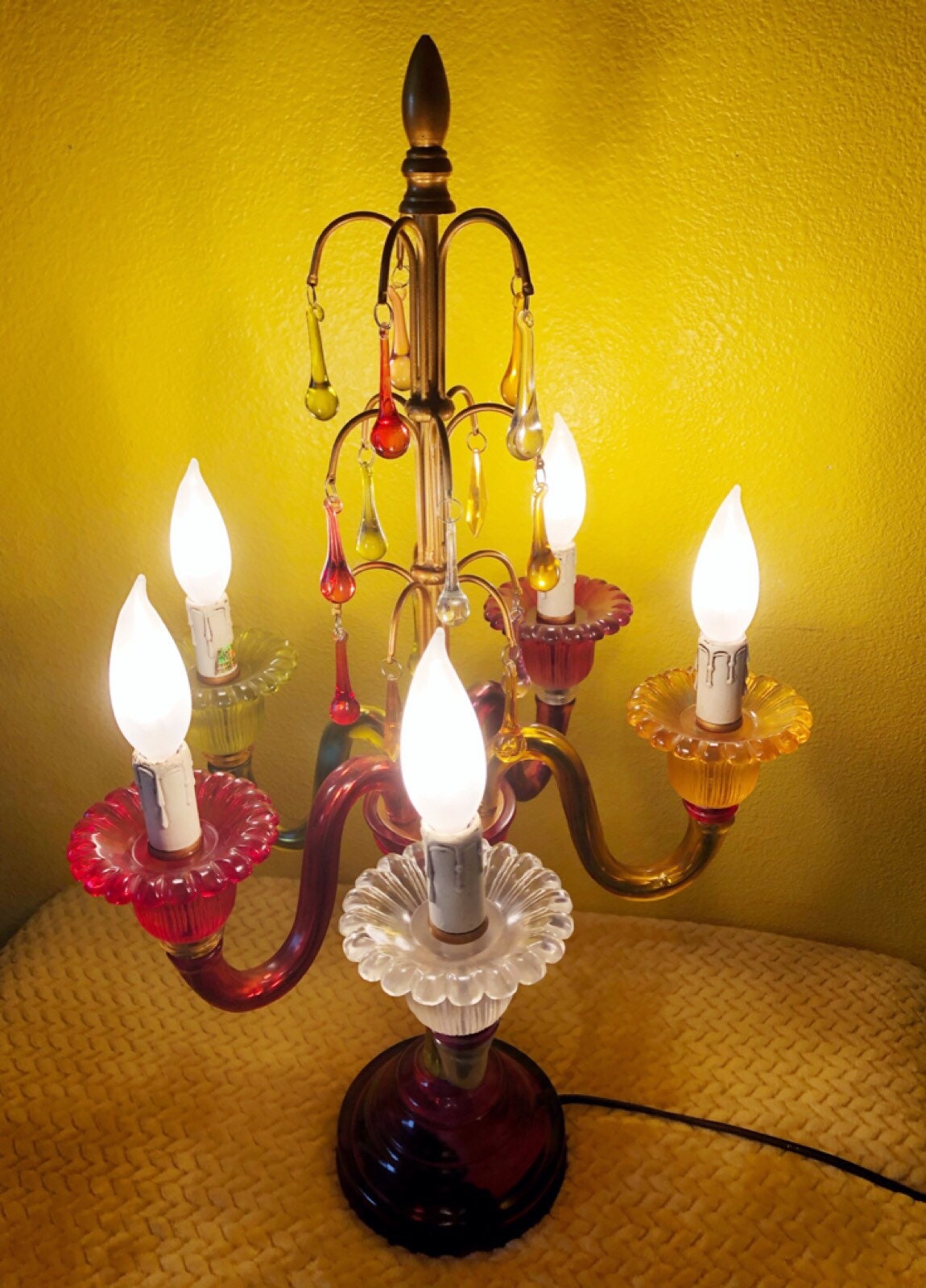 60s Gypsy Midcentury Candelabra Style Pink Orange Yellow Glass Table ...