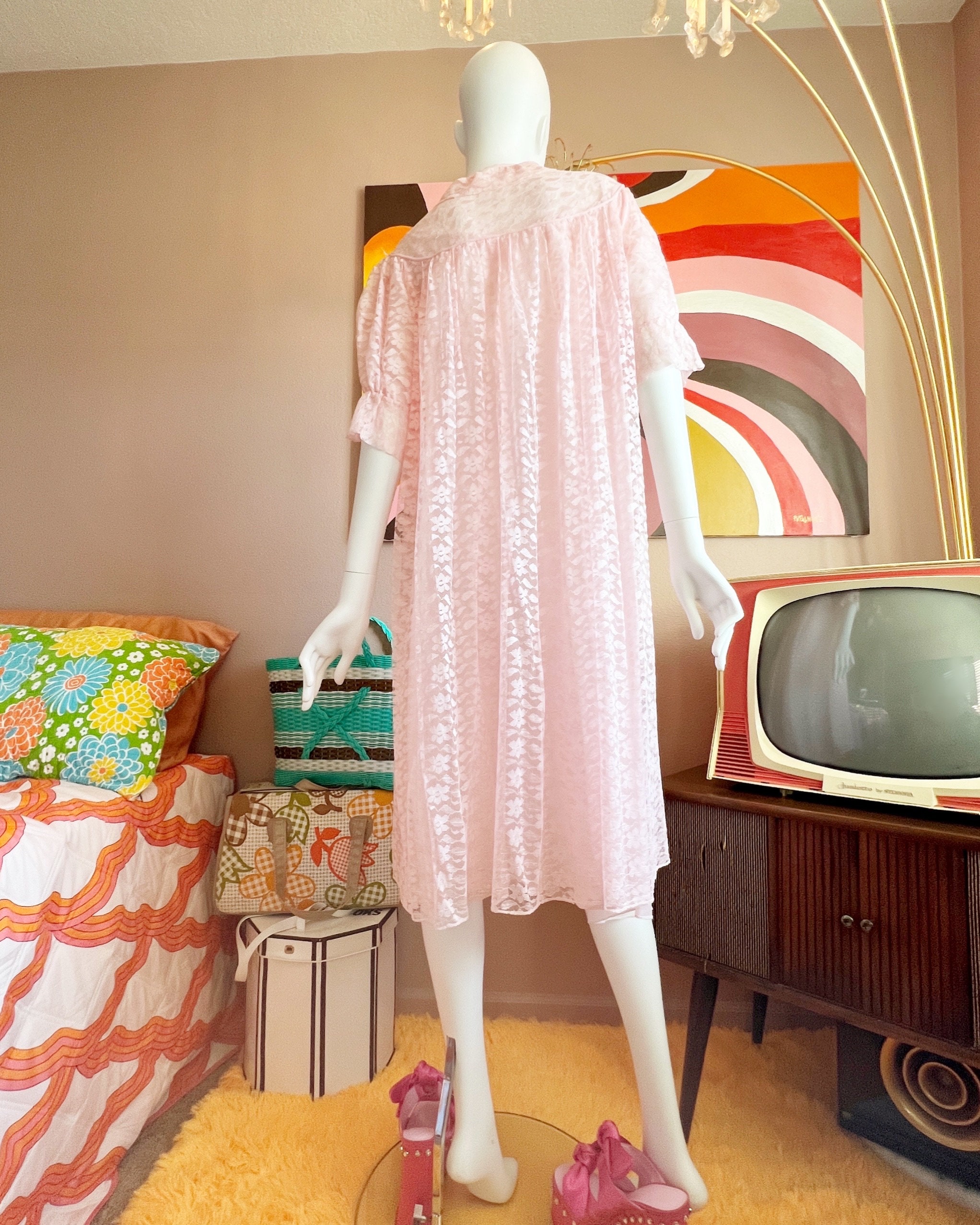 60s Sz L Pink Lace Night Gown Robe Intimates Dress - Etsy