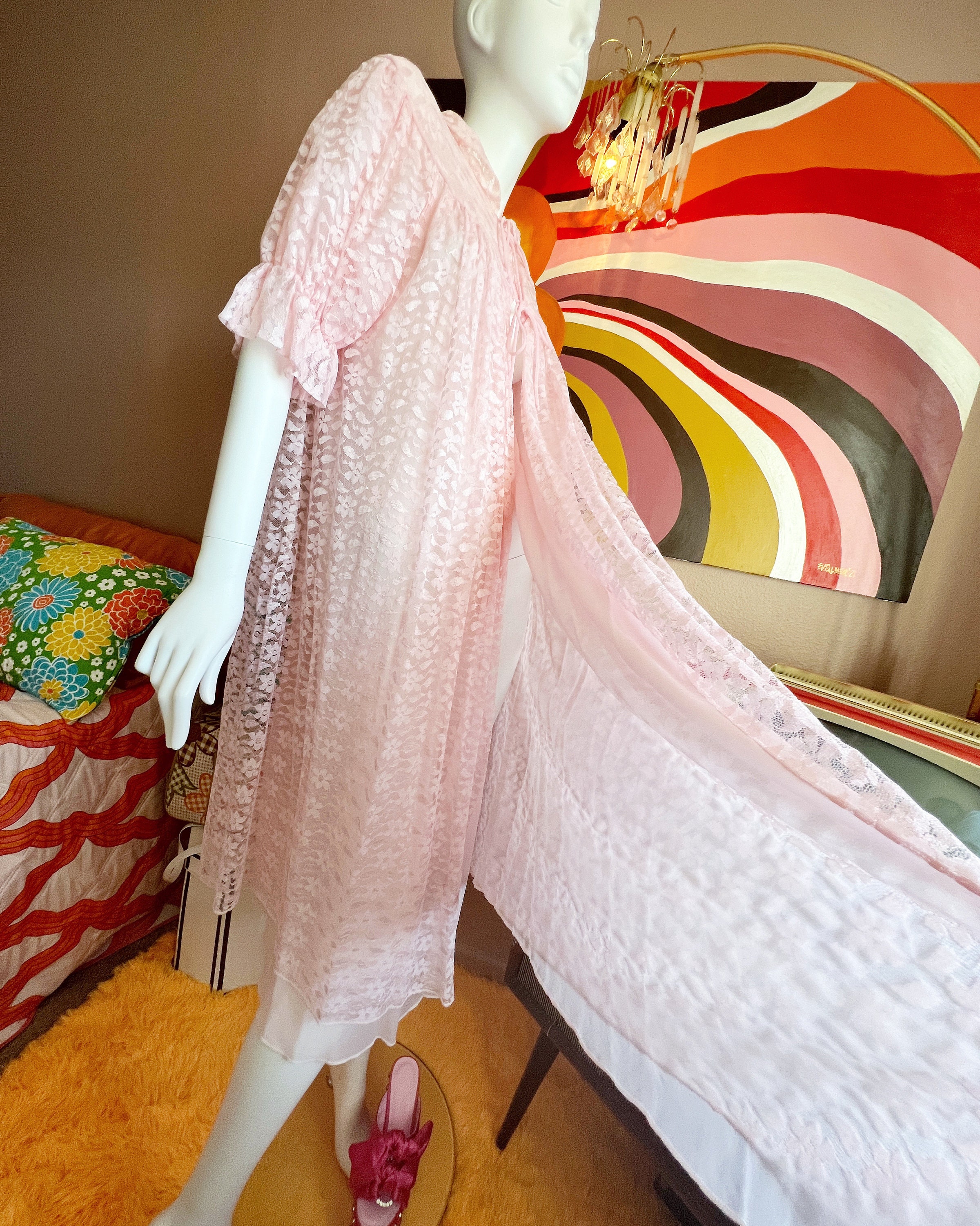 60s Sz L Pink Lace Night Gown Robe Intimates Dress - Etsy