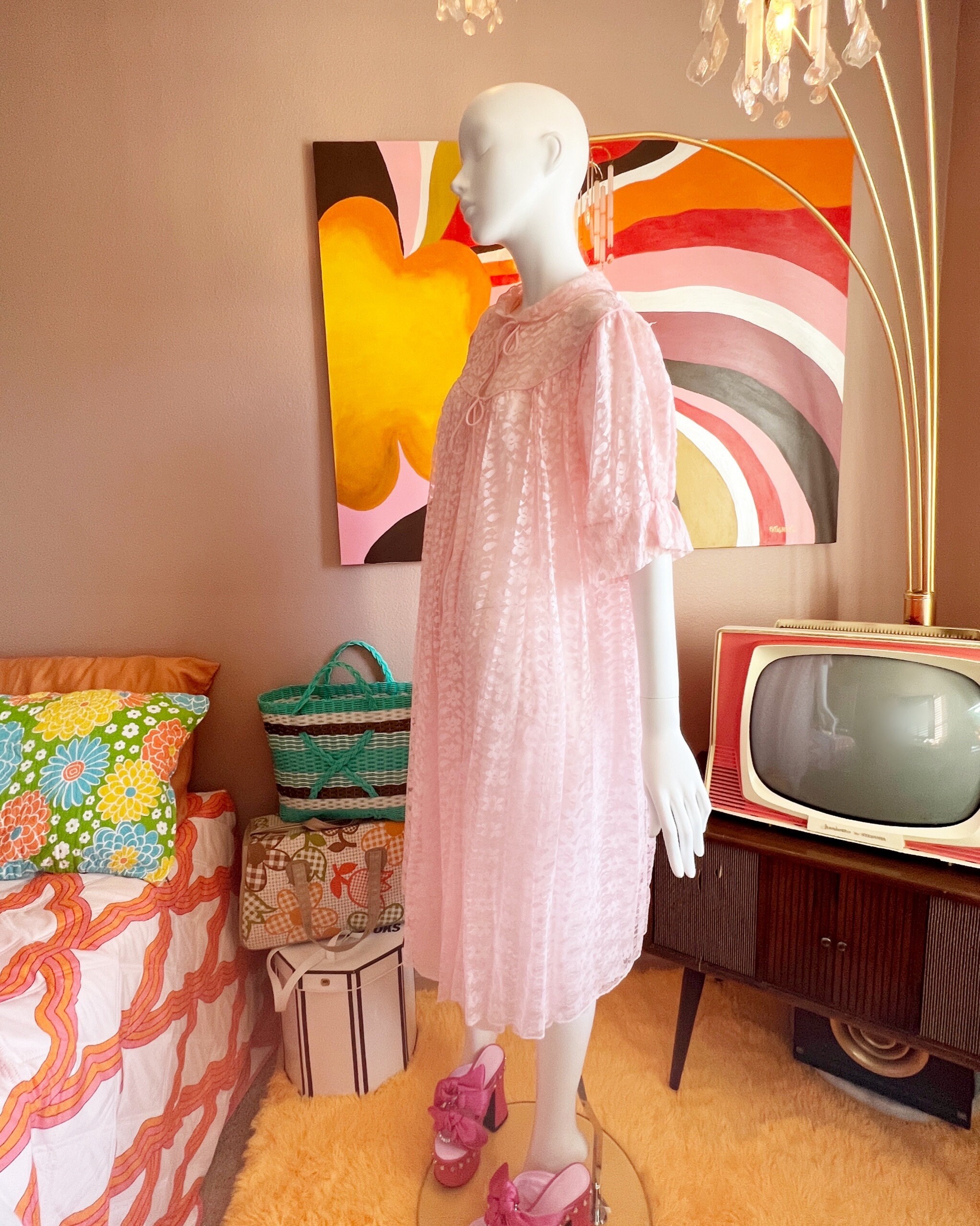 60s Sz L Pink Lace Night Gown Robe Intimates Dress - Etsy