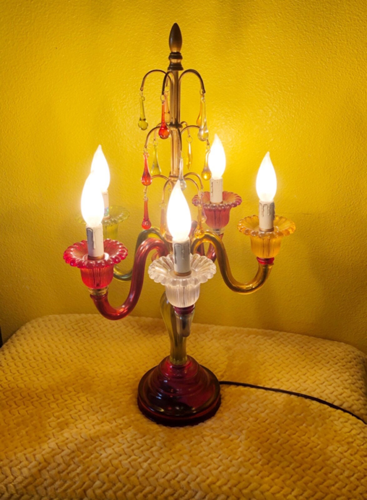 60s Gypsy Midcentury Candelabra Style Pink Orange Yellow Glass Table ...
