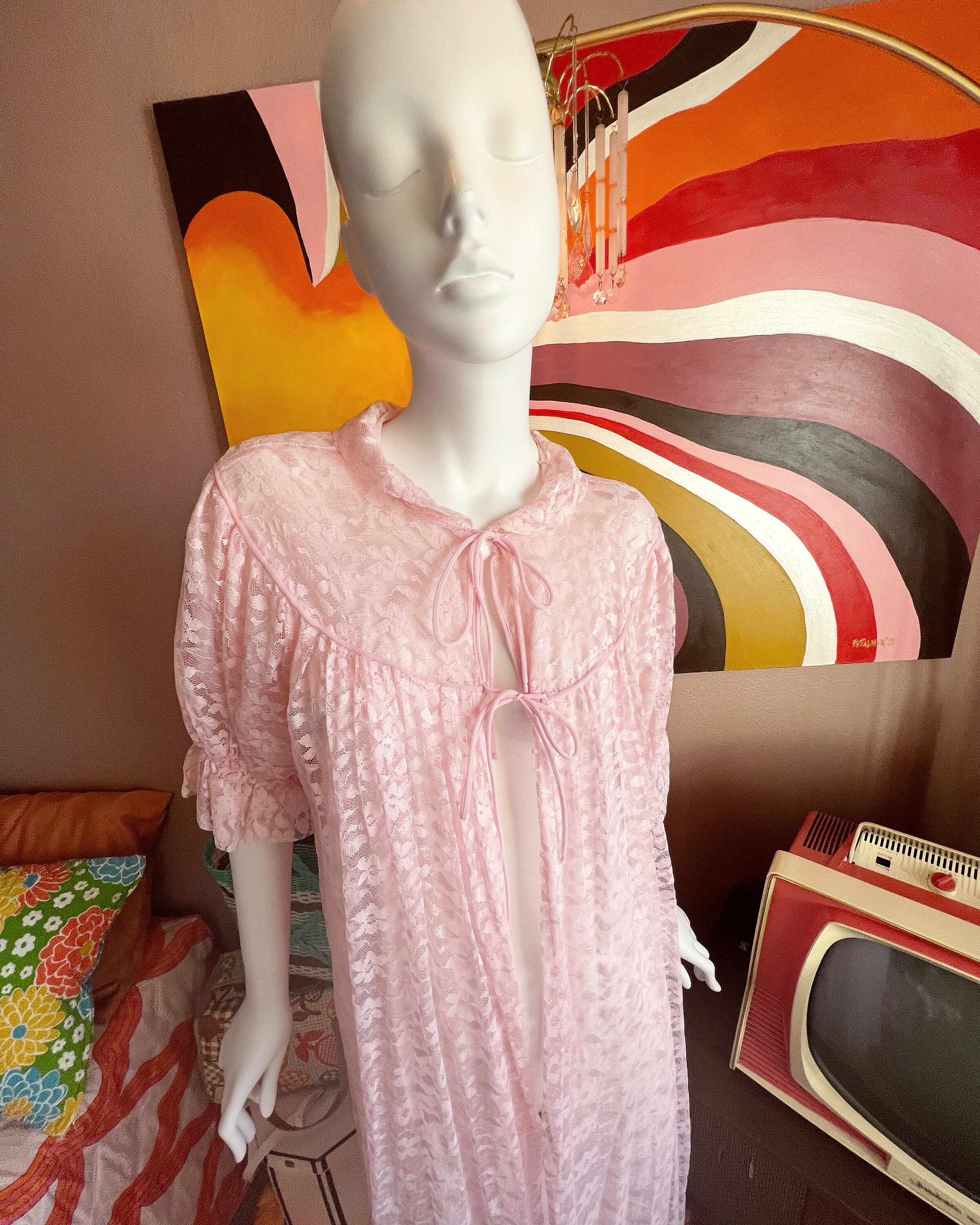 60s Sz L Pink Lace Night Gown Robe Intimates Dress - Etsy