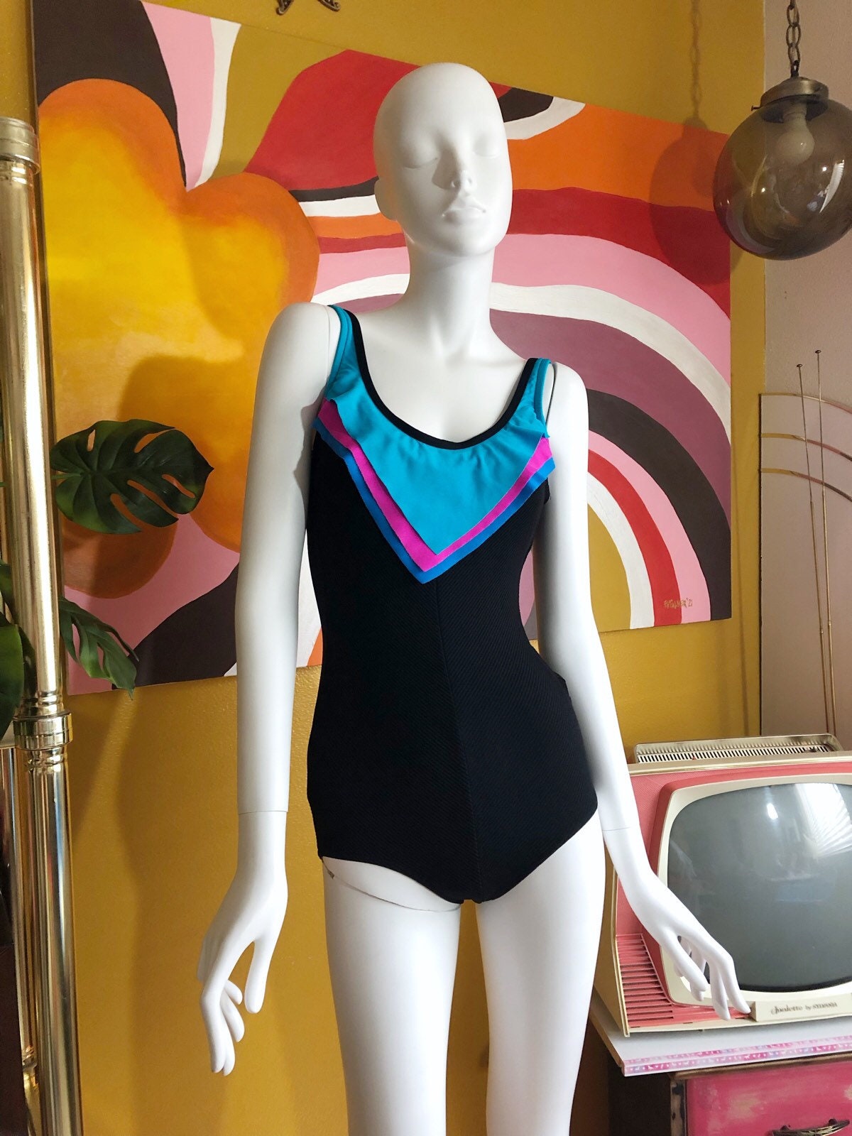 Sz M 80er Jahre Badeanzug im Schichtkragen Schwarz Bademode Tropical ...