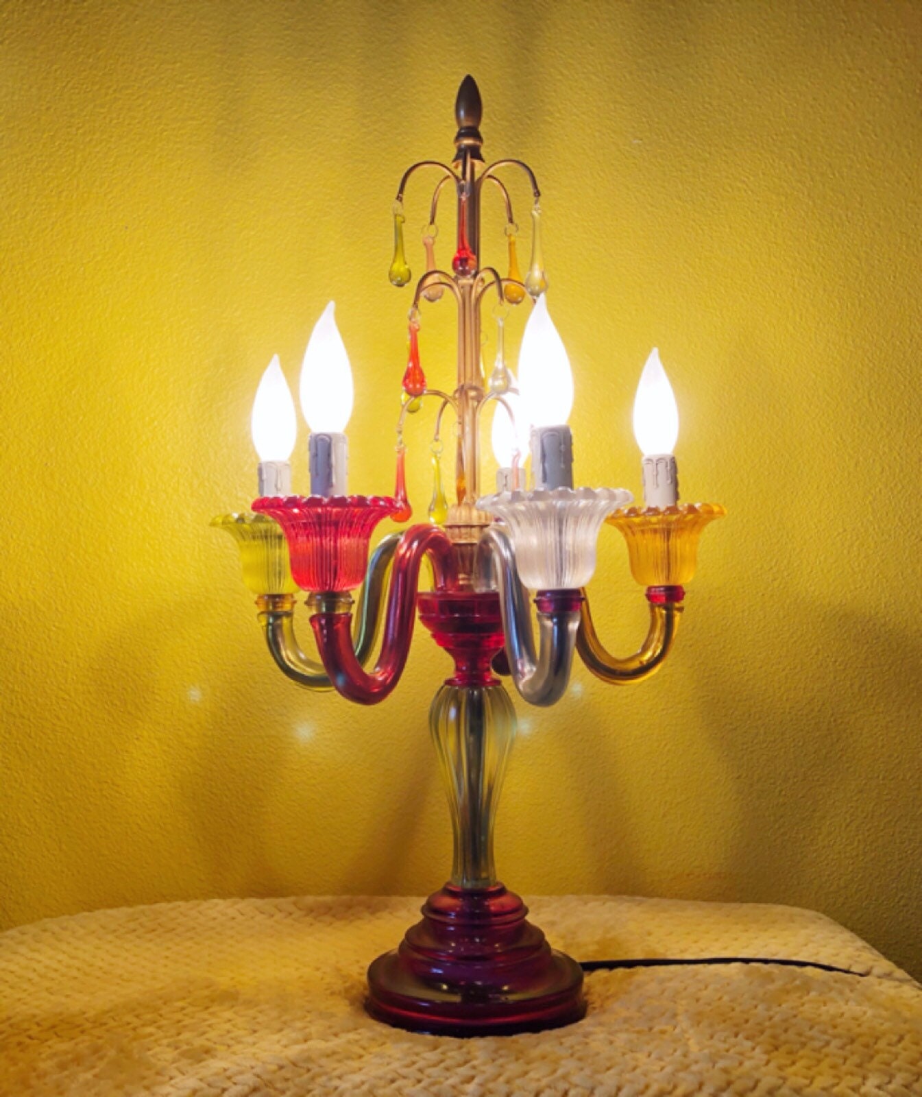 60s Gypsy Midcentury Candelabra Style Pink Orange Yellow Glass Table ...