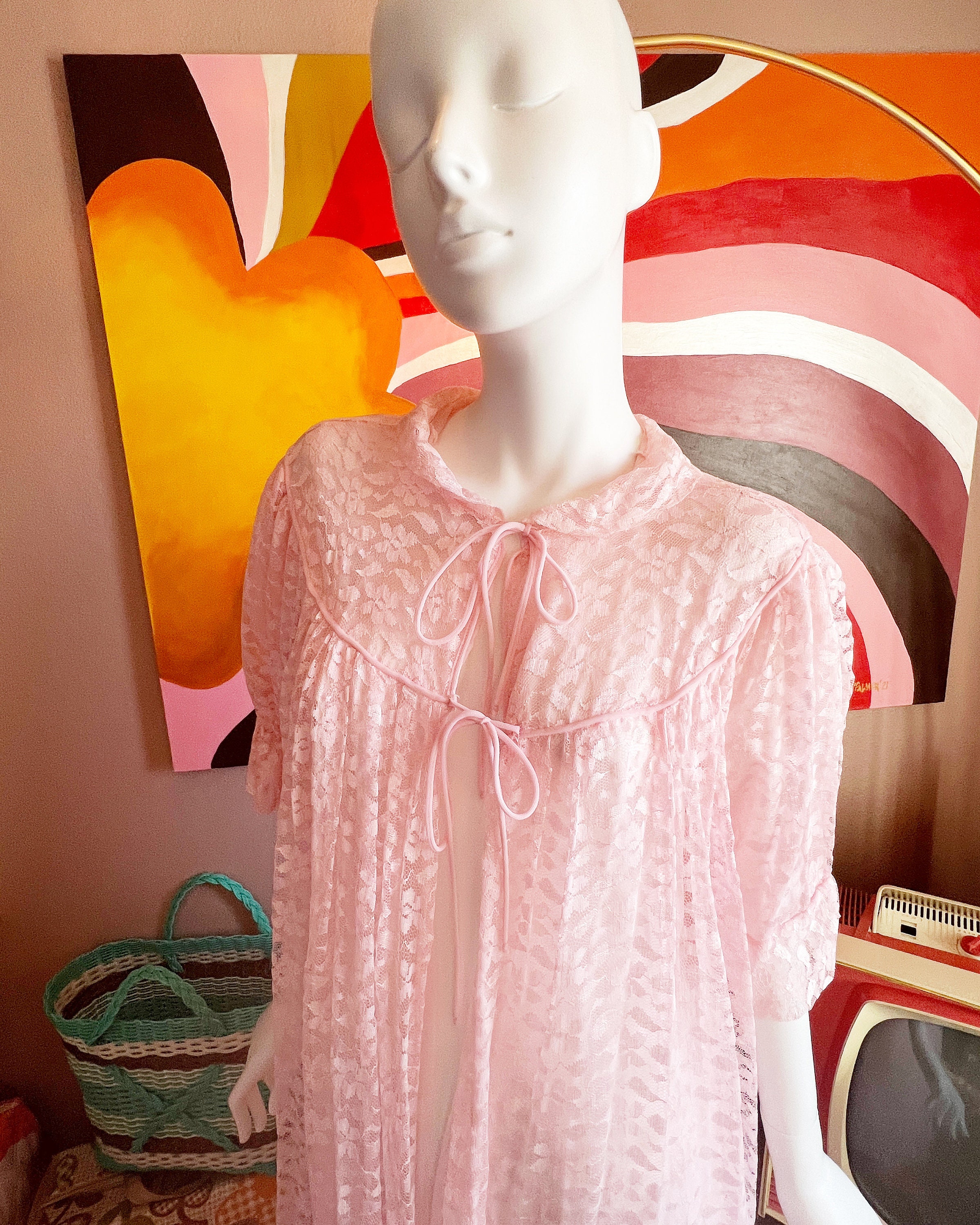 60s Sz L Pink Lace Night Gown Robe Intimates Dress - Etsy