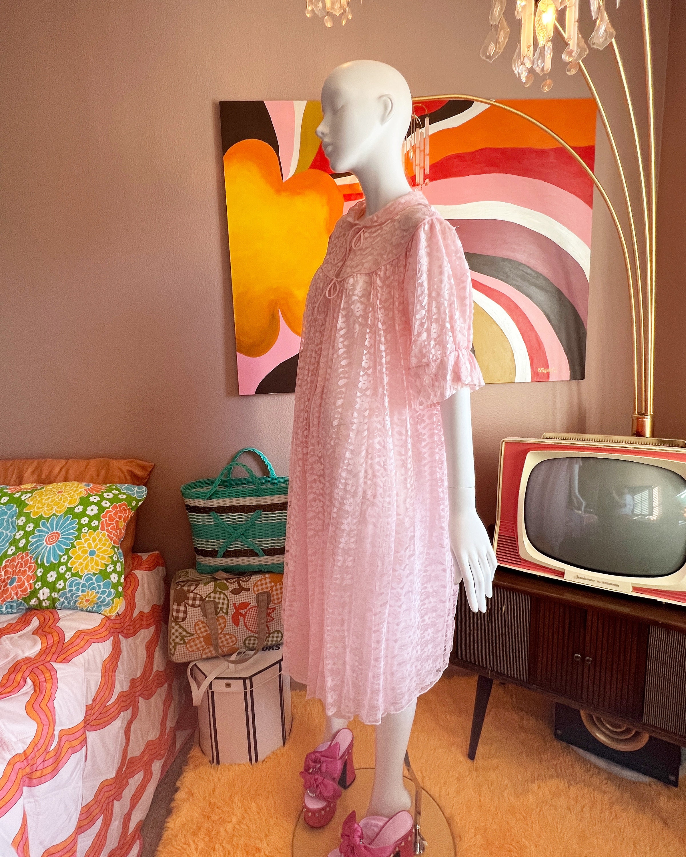 60s Sz L Pink Lace Night Gown Robe Intimates Dress - Etsy