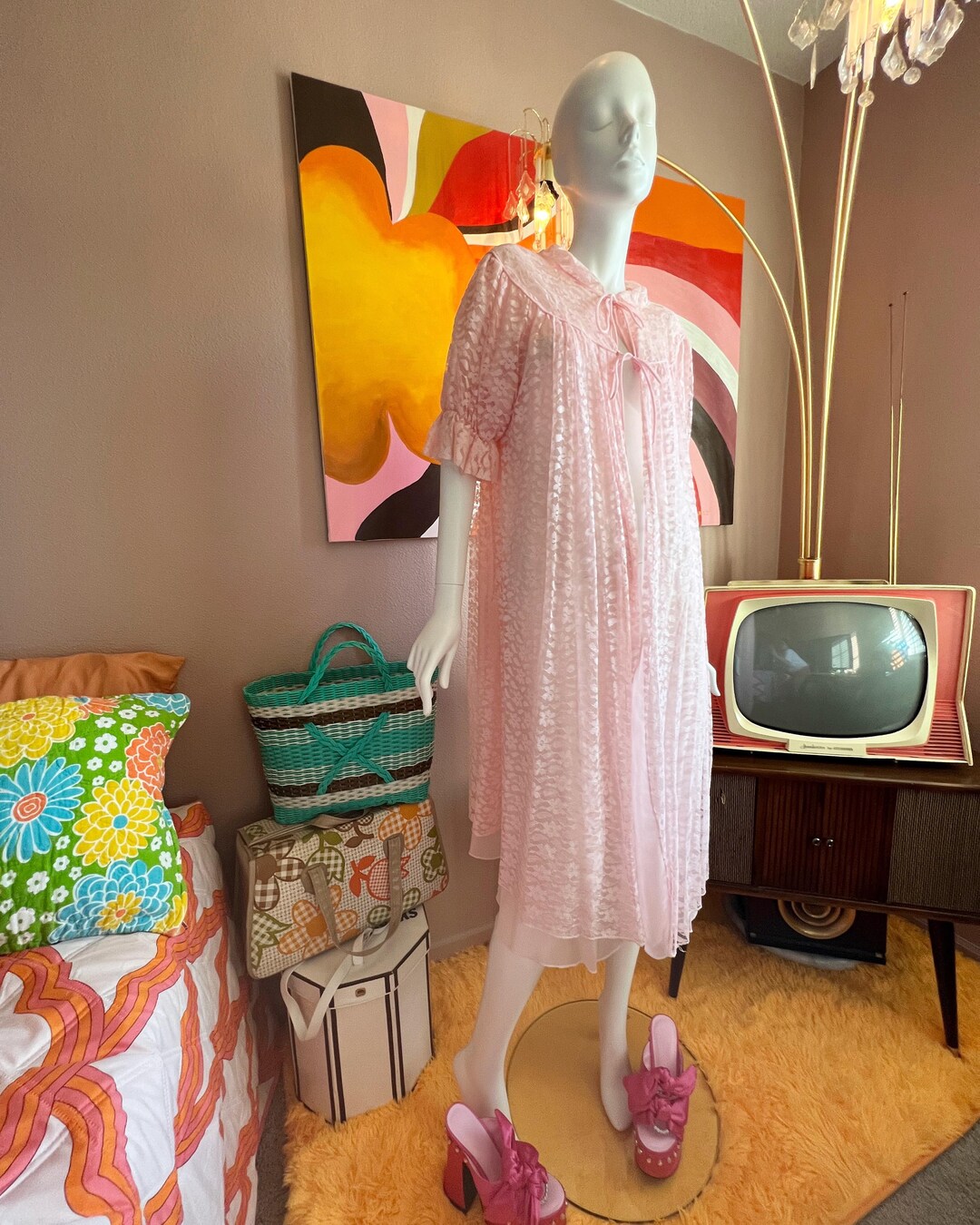 60s Sz L Pink Lace Night Gown Robe Intimates Dress - Etsy