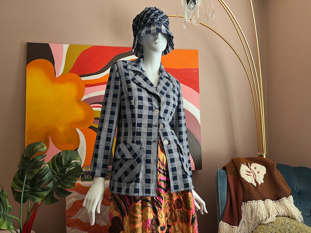 70s Sz. S-M Jacket With 50s Hat in Gingham Blue & White - Etsy