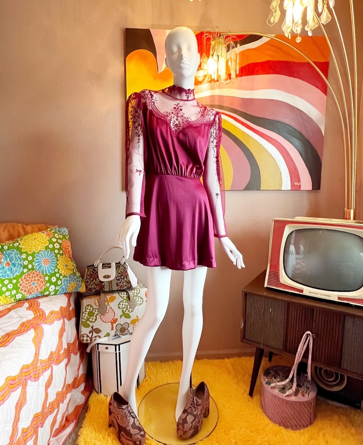 Sz M 80s Sheer Satin Burgundy Semi Formal Blouson Minidress - Etsy