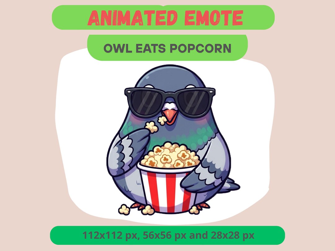 Animated Owl Eating Popcorn Emote for Twitch, Silly Cute Emoticon for ...
