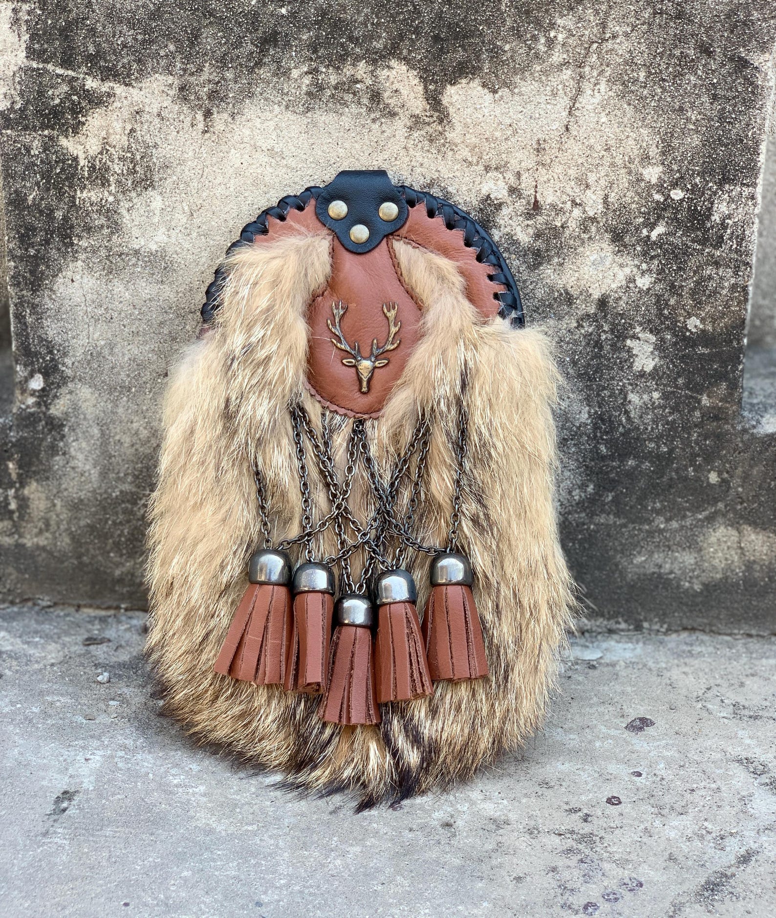 Men's Scottish Fox Fur Full Dress Sporran Five Tassels Brown Leather ...