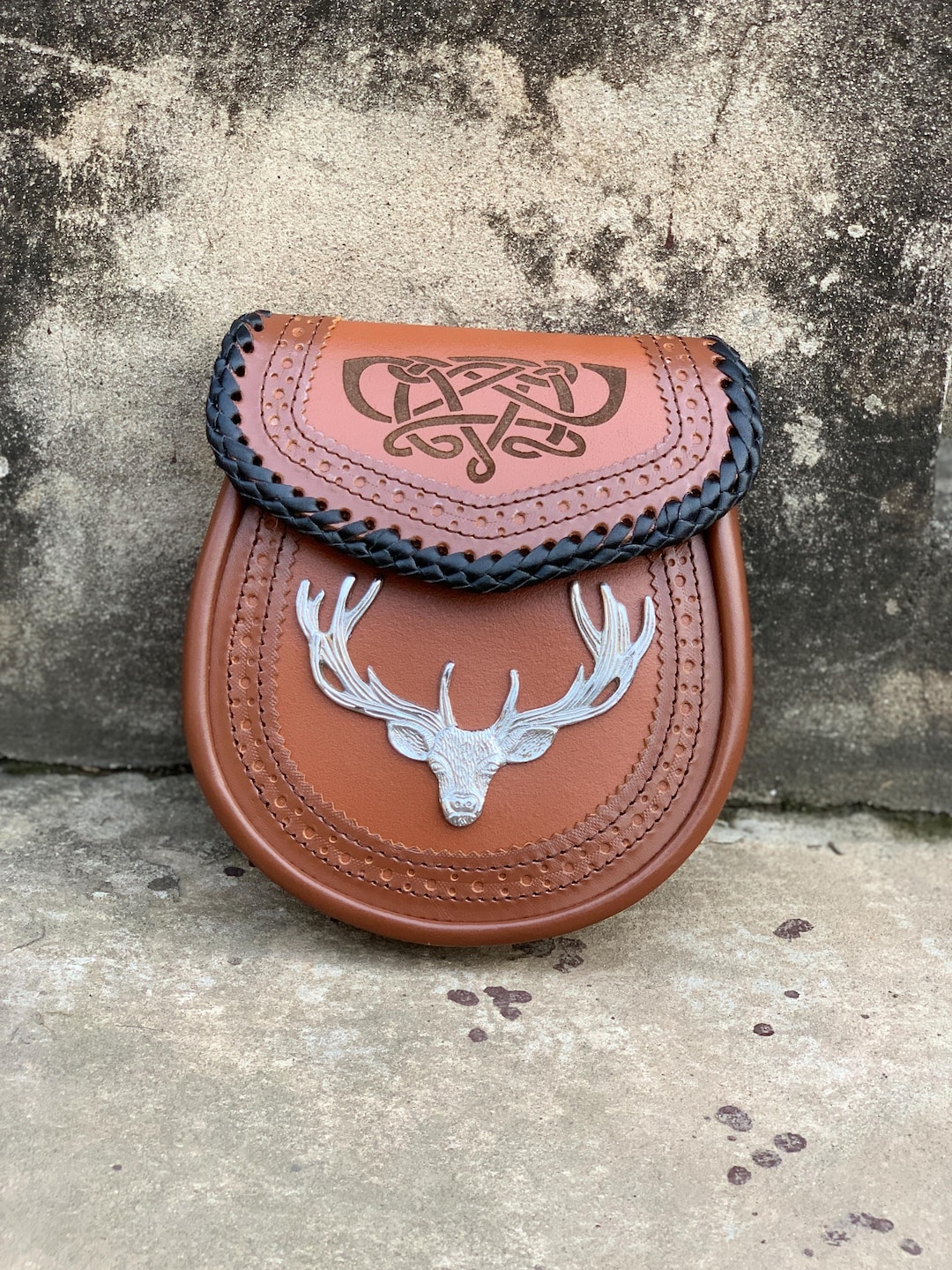 Men's Scottish Tan Brown Celtic Kilt Sporran Stag Head Leather Kilt ...