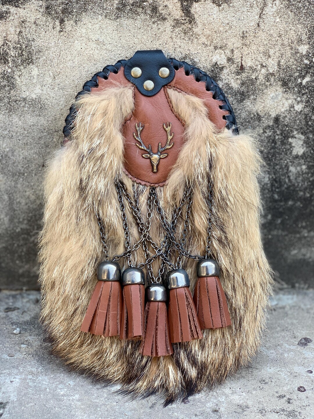 Men's Scottish Fox Fur Full Dress Sporran Five Tassels Brown Leather ...