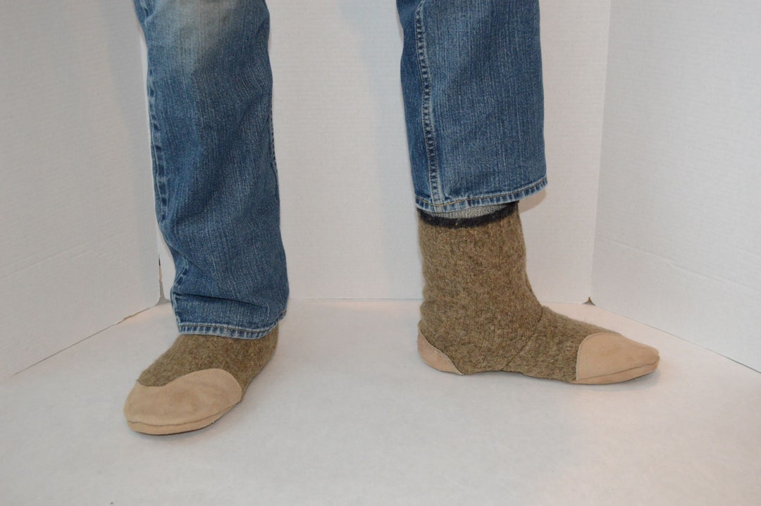 Men's Size 10-11 Wool Slipper Socks: Felted Soccasins With Leather ...