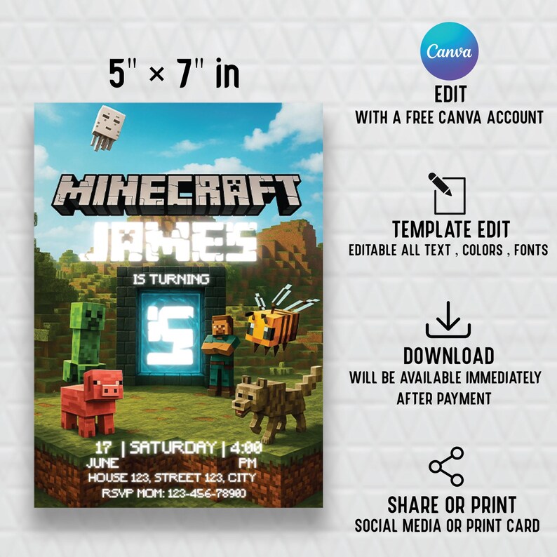 Minecraft Birthday Invitation Template for Kids Birthday Party ...
