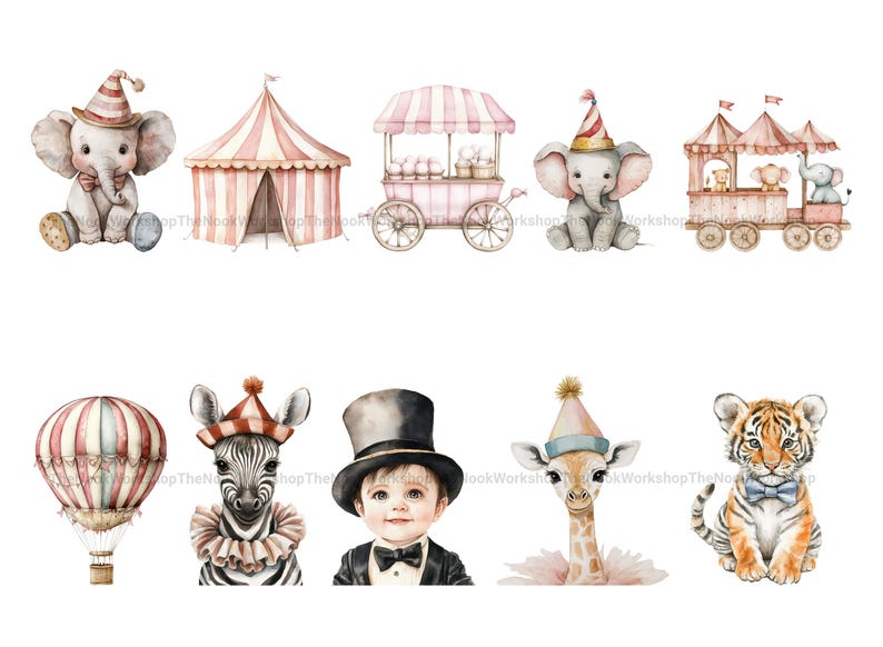 Vintage Circus Baby Clipart – 25 Neutral Watercolor Pngs, Baby Animal ...