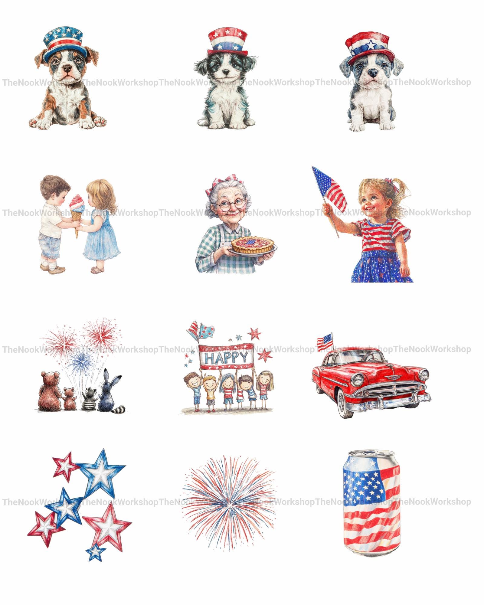 4th of July Clipart Bundle | Hand-drawn Colored Pencil Characters ...