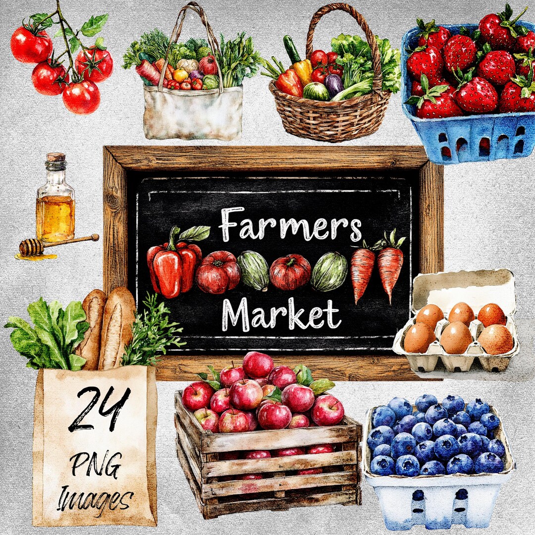 Farmers Market Watercolor Clipart Bundle – 24 Pngs With Fresh Produce ...