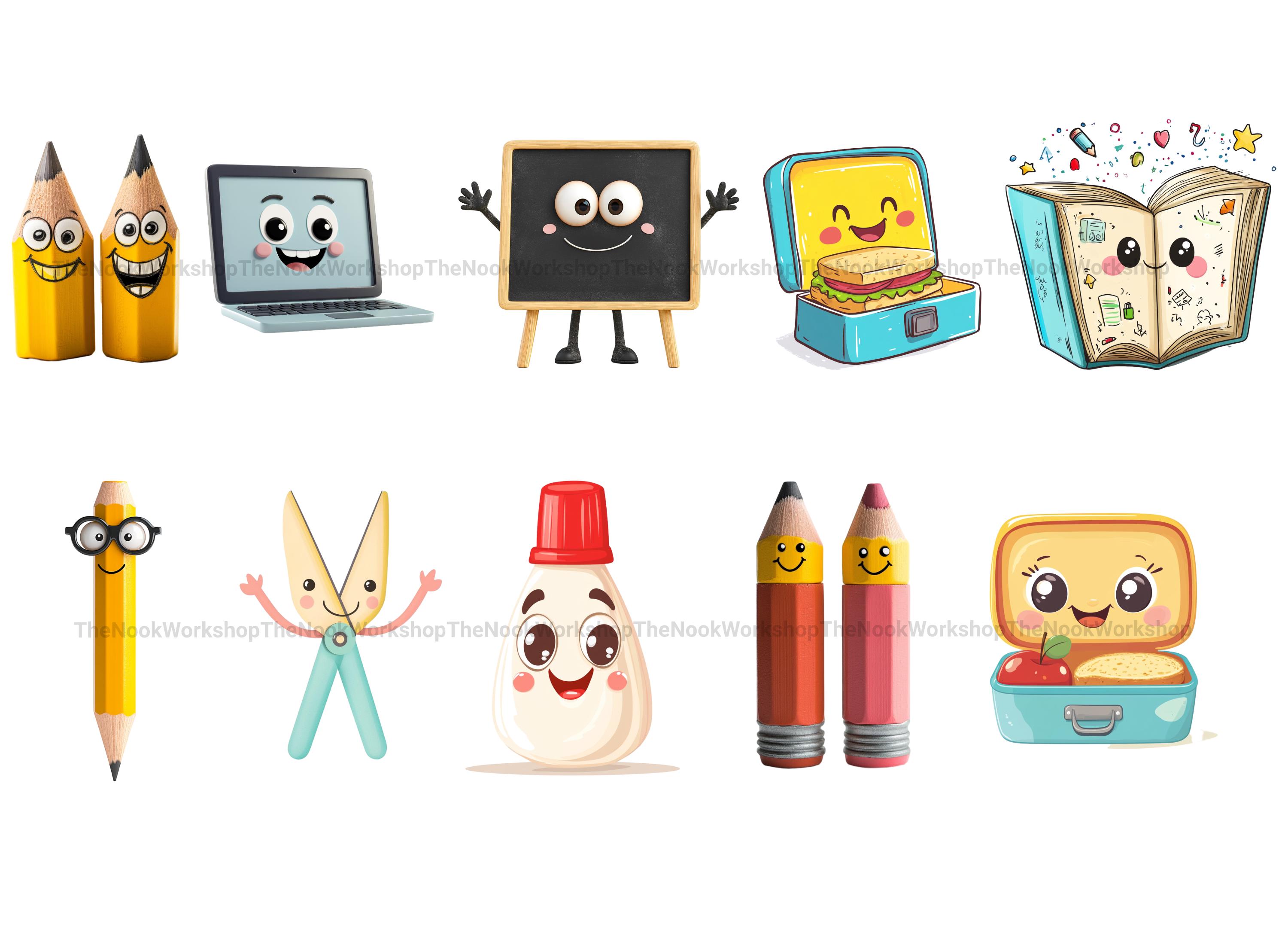 Cute School Supplies Clipart Bundle – 20 Pngs With Smiling Faces ...