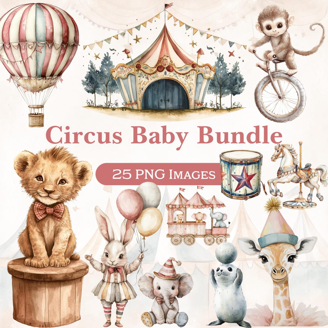 Vintage Circus Baby Clipart – 25 Neutral Watercolor Pngs, Baby Animal ...