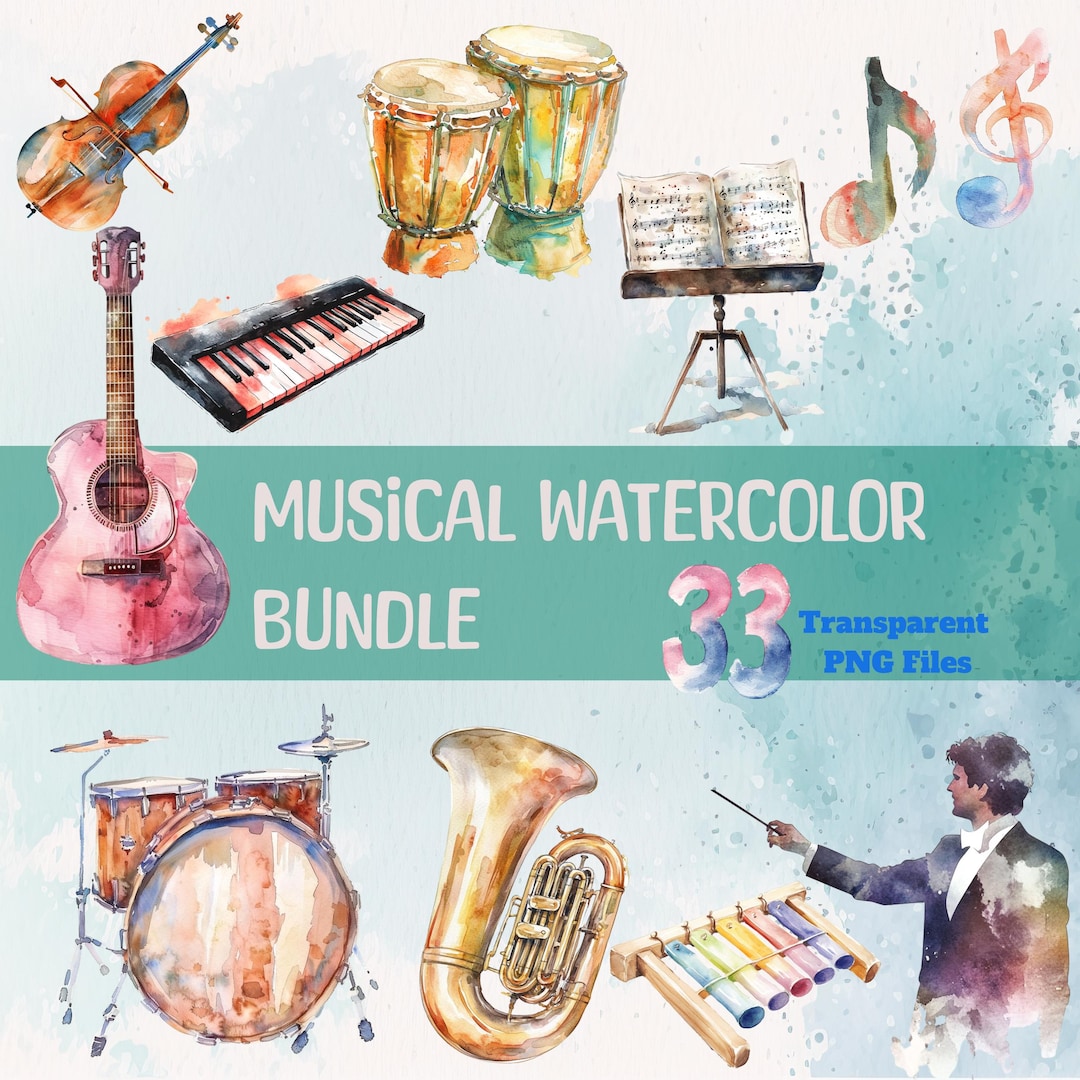 Watercolor Musical Instruments Clipart |33 PNG Images | Transparent ...
