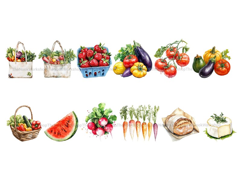 Farmers Market Watercolor Clipart Bundle – 24 Pngs With Fresh Produce ...