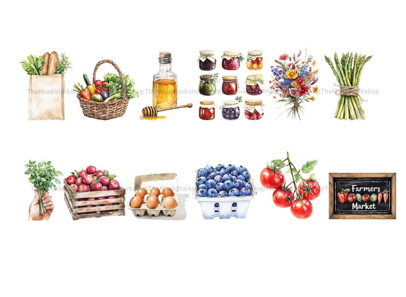 Farmers Market Watercolor Clipart Bundle – 24 Pngs With Fresh Produce ...