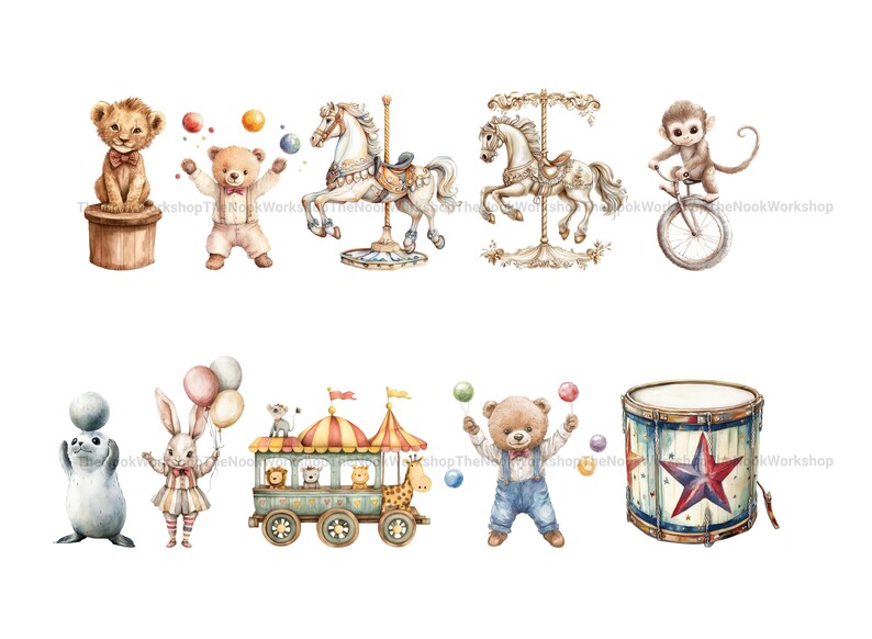 Vintage Circus Baby Clipart – 25 Neutral Watercolor Pngs, Baby Animal ...