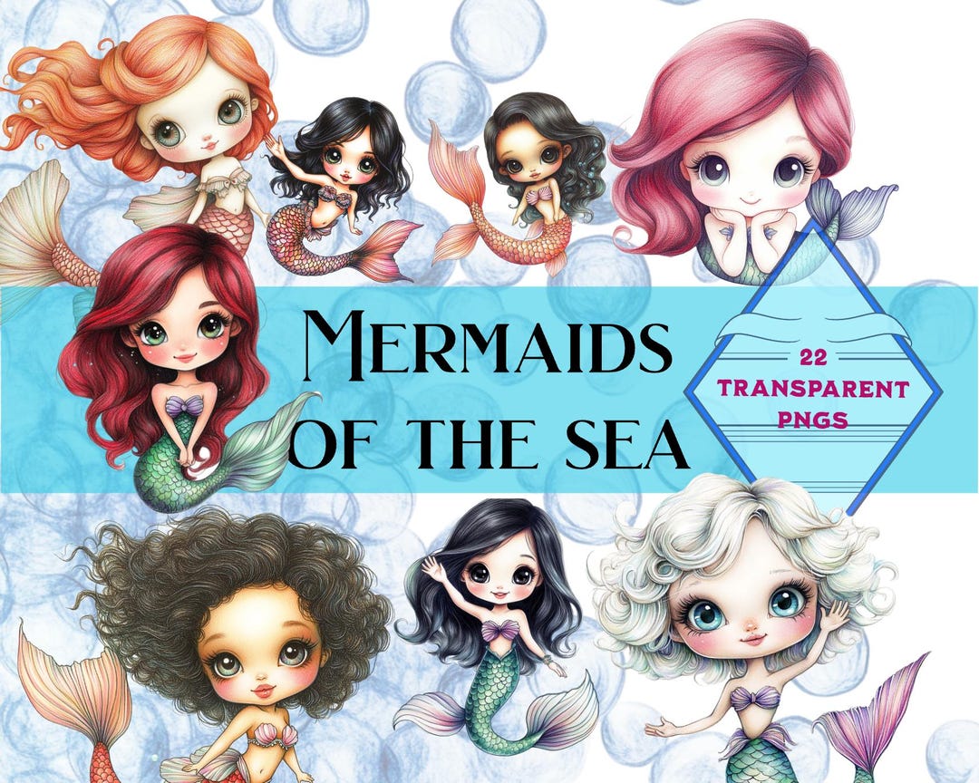 Pastel Mermaid Clipart Bundle – 22 Cute Hand-drawn Mermaids, Watercolor ...