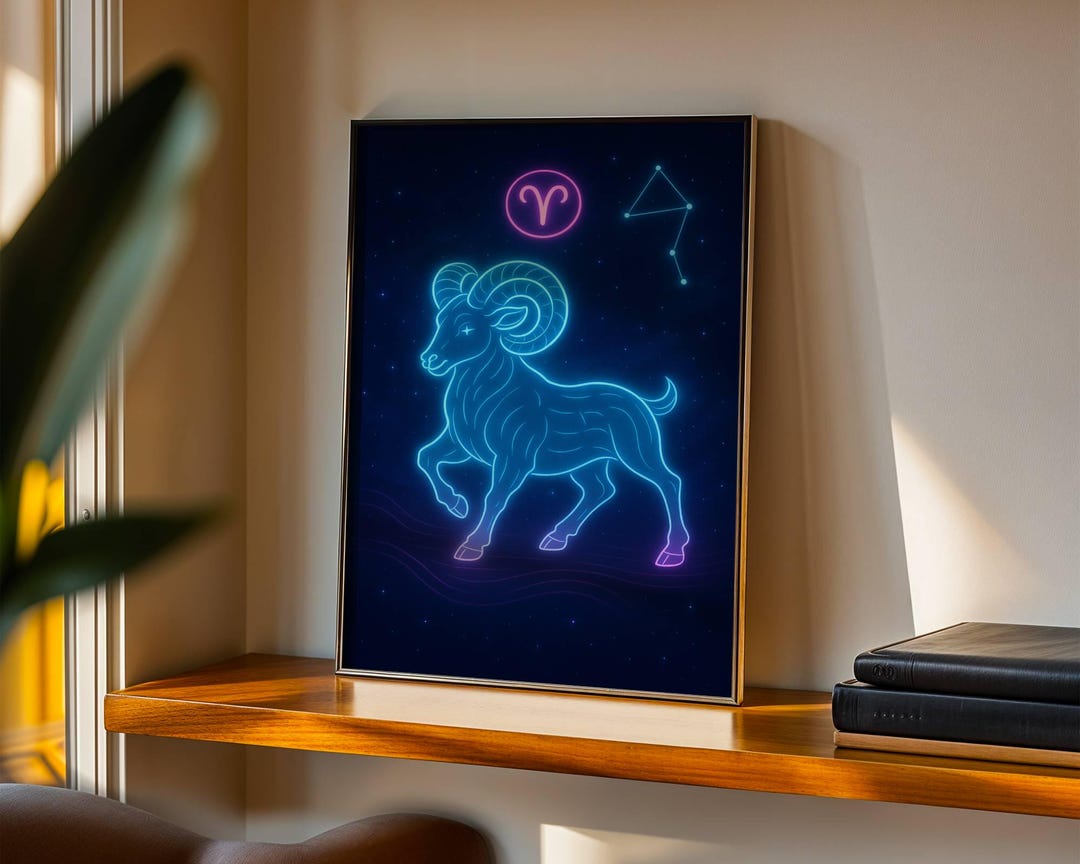 Aries Zodiac Sign Poster – Neon Wall Art Printable, Modern Digital ...