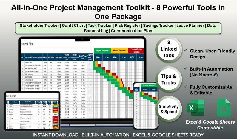 8-in-1 Project Management Excel Template | Gantt Chart, Task Tracker ...