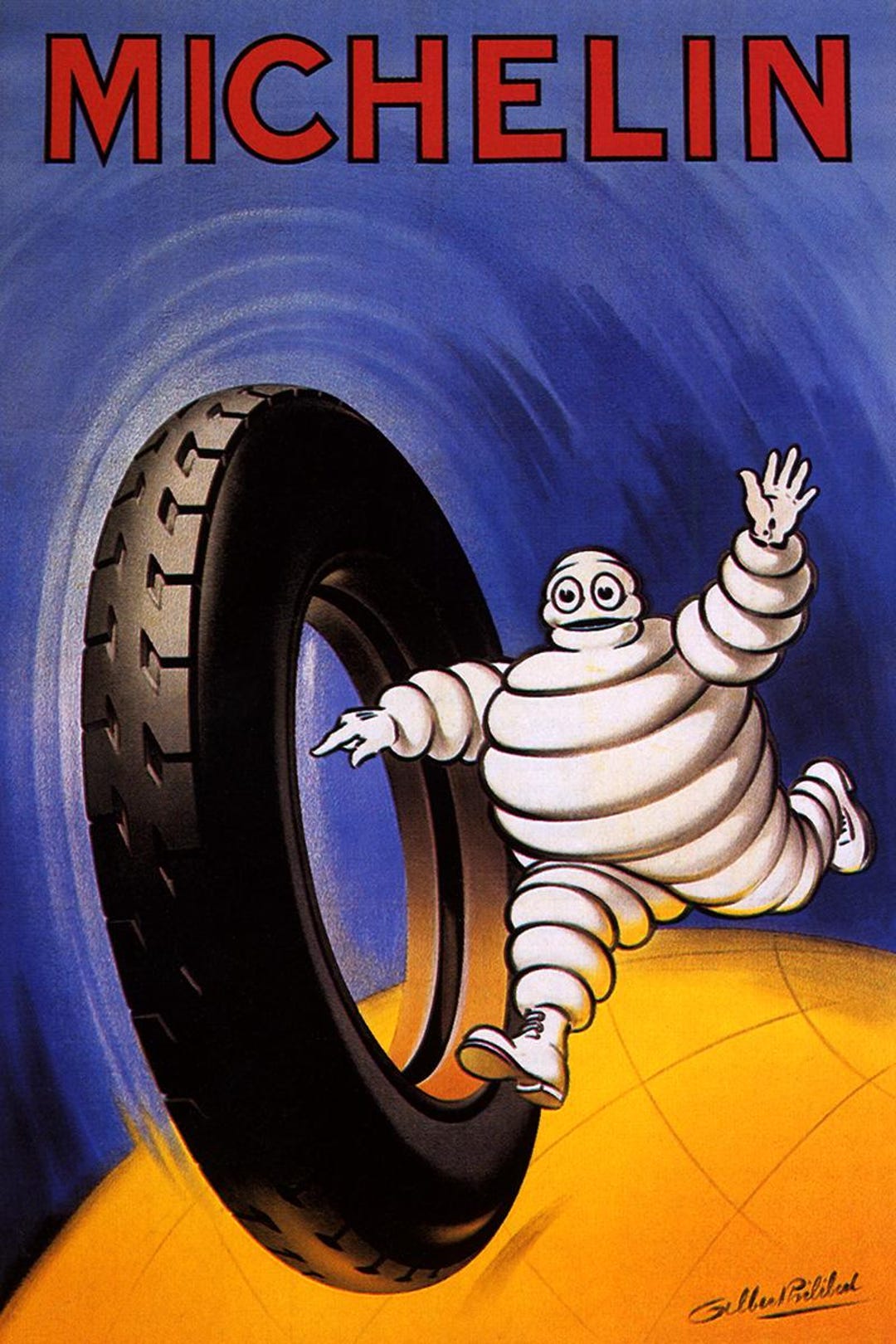 Bibendum Michelin Man Pneu Mascot Running With a Big Tire Around the ...