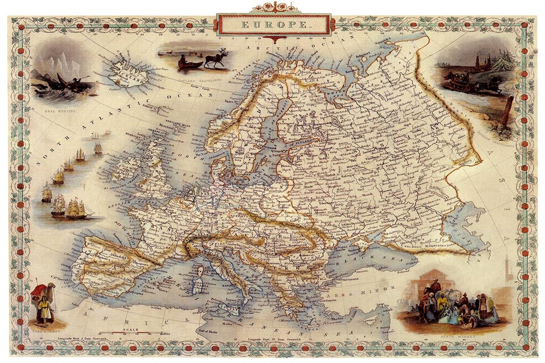 Map 1851 Europe Images of Camel Caravan and a Seal Hunt as Well as a ...