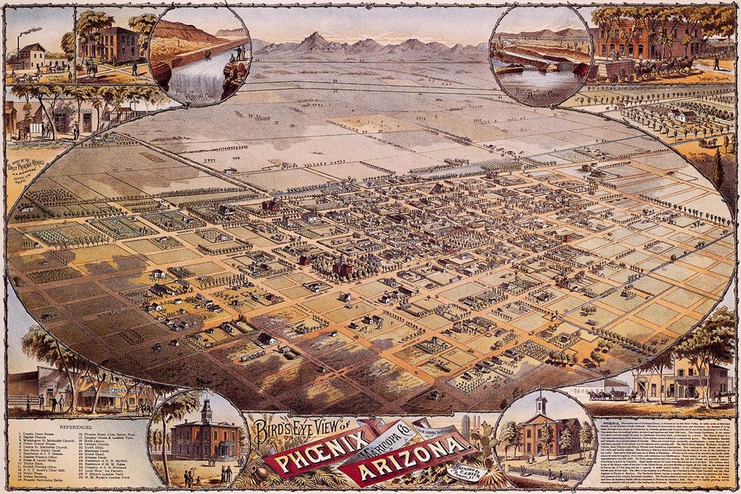 A Bird's Eye View Map Phoenix Arizona From 1885 Maricopa County Court ...