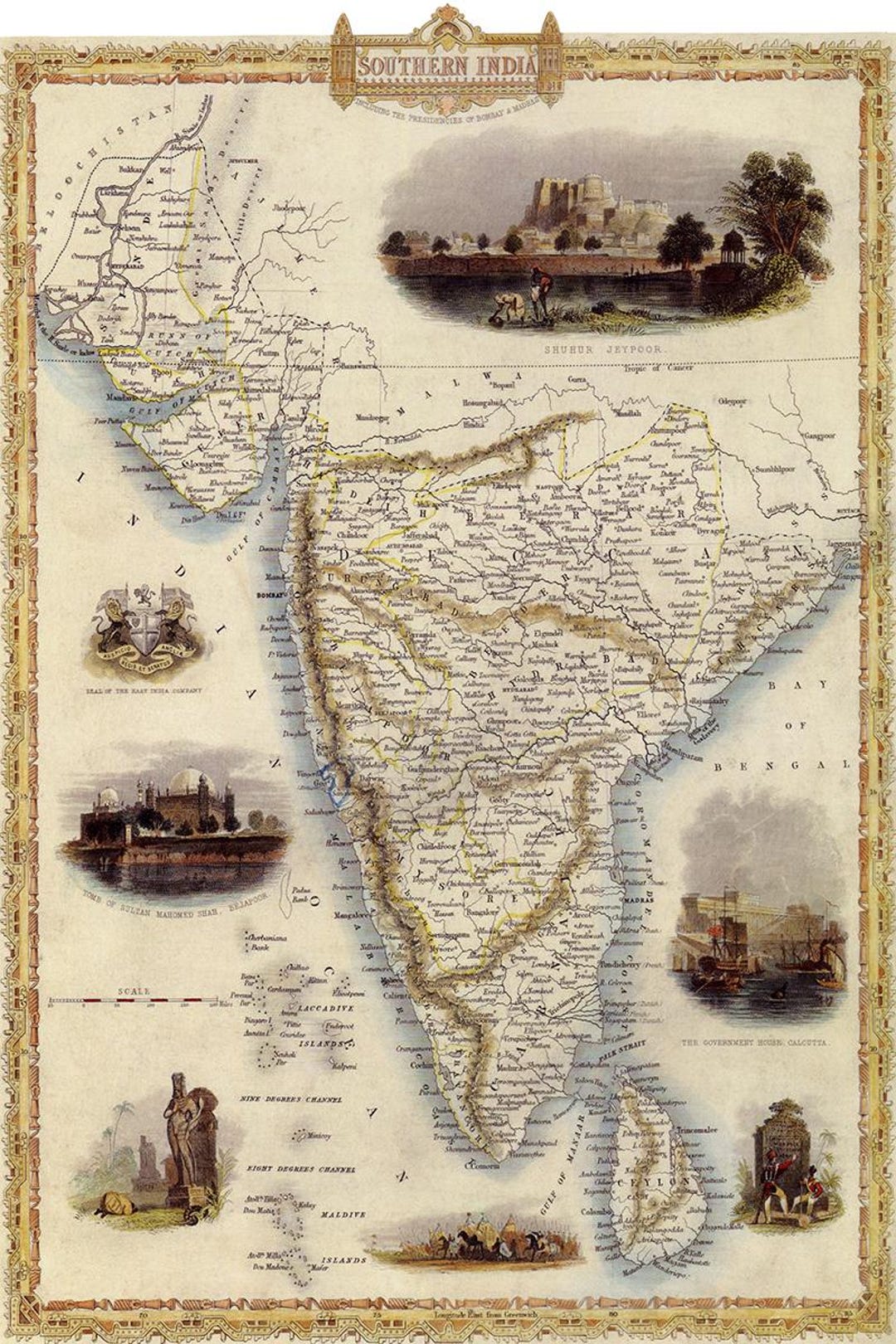 1851 John Tallis's Southern India Map Tomb of Sultan Mahomed Shah ...
