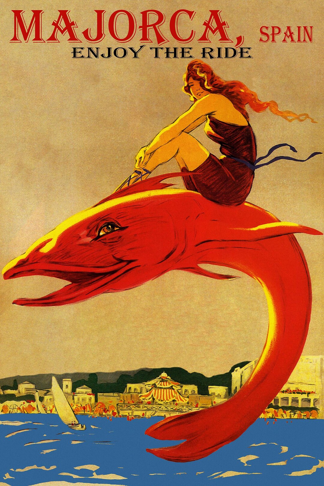 Majorca Spain Girl in Swimsuit Riding Red Fish Creature Vacation ...