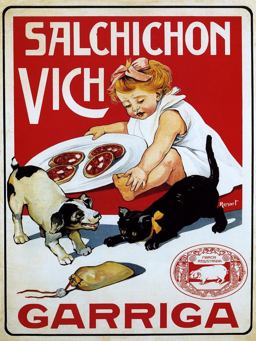 Spanish Little Girl a Dog and a Black Cat With a Plate Sliced Sausage ...