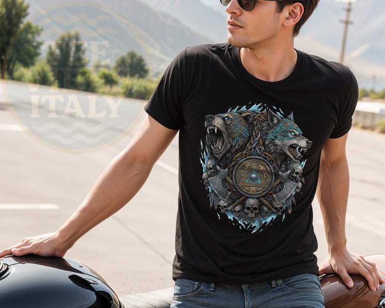 Viking T-shirt, Norse Mythology Wolf and Bear Knotwork, Unisex Heavy ...