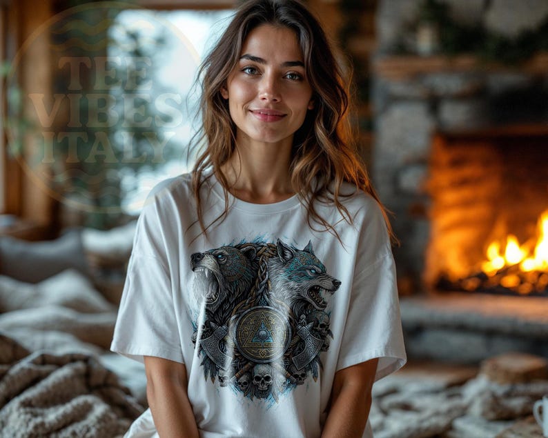 Viking T-shirt, Norse Mythology Wolf and Bear Knotwork, Unisex Heavy ...