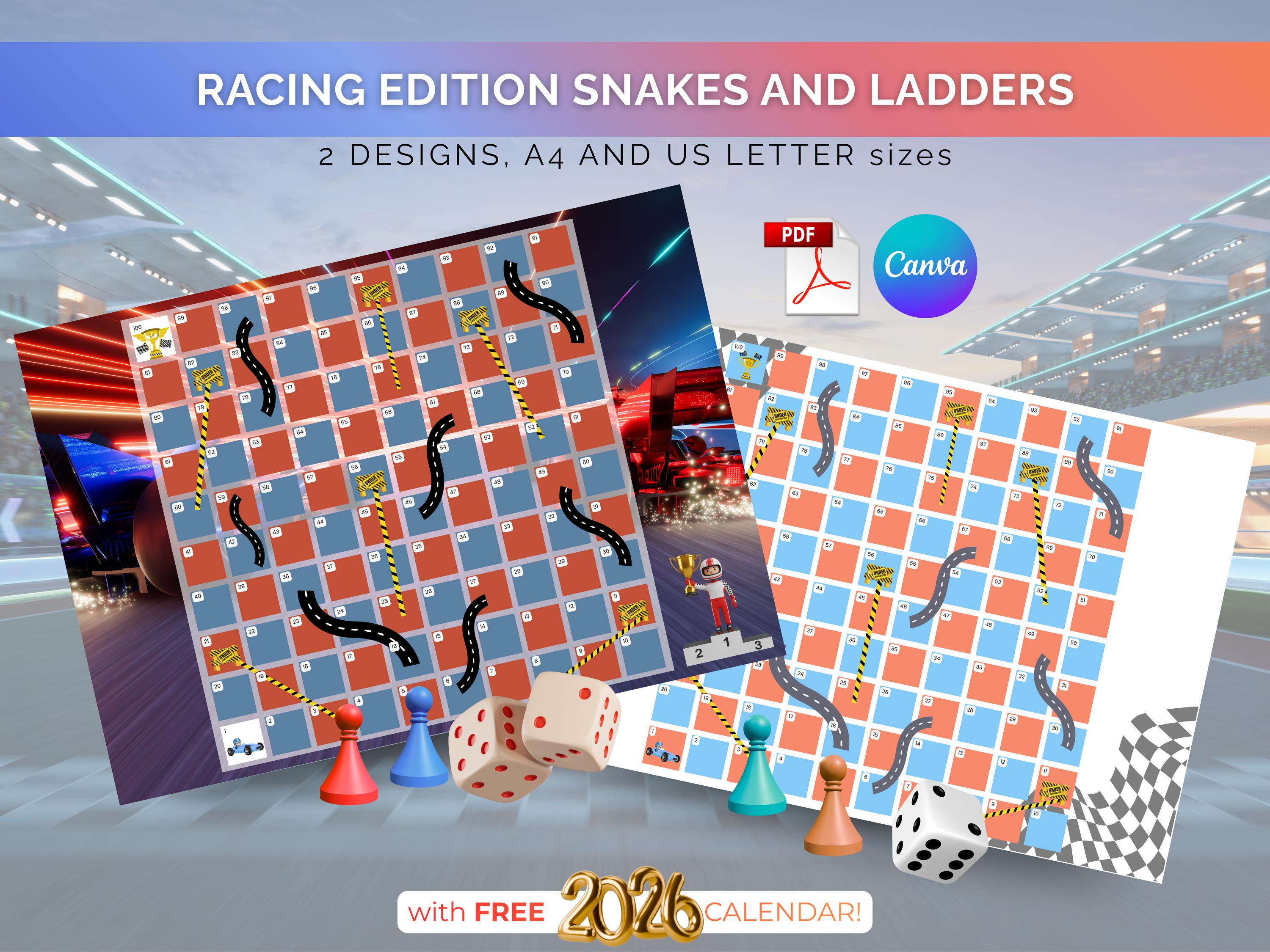 Snakes and Ladders Printable Board Game Racing Theme Games PLR Editable ...