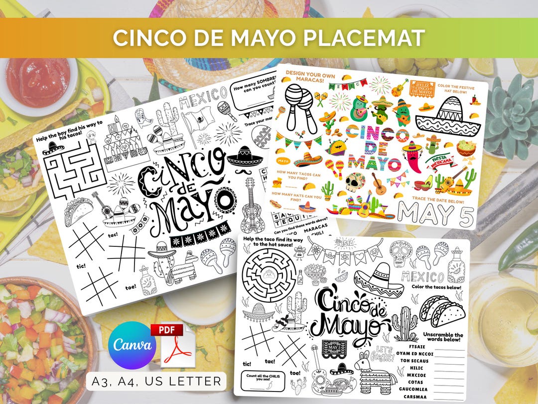 Cinco De Mayo Fiesta Activity Placemat Bundles for Kids Adults Family ...