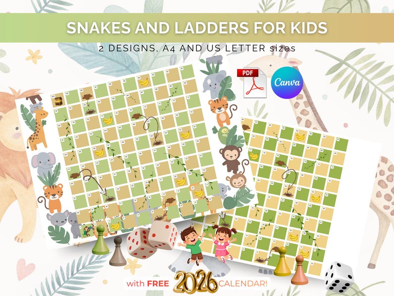 Snakes and Ladders Board Game Printable Jungle Theme Family Kids ...
