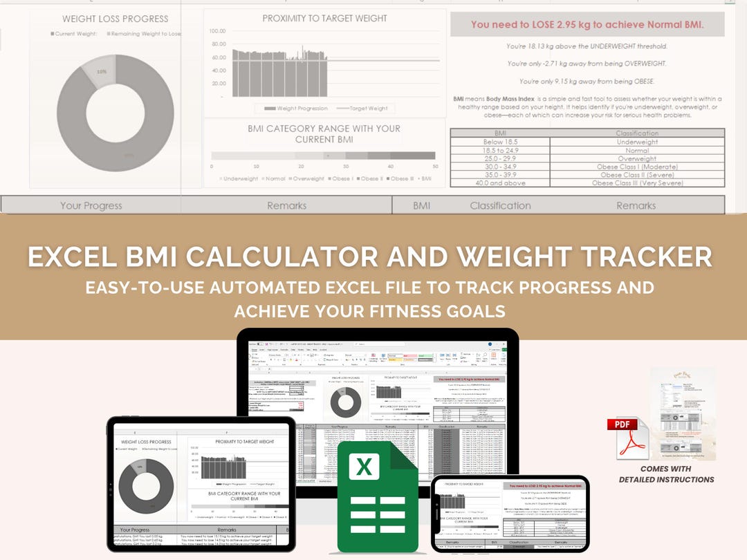 Beige Weight Gain Weight Loss Tracker Spreadsheet, BMI Calculator ...