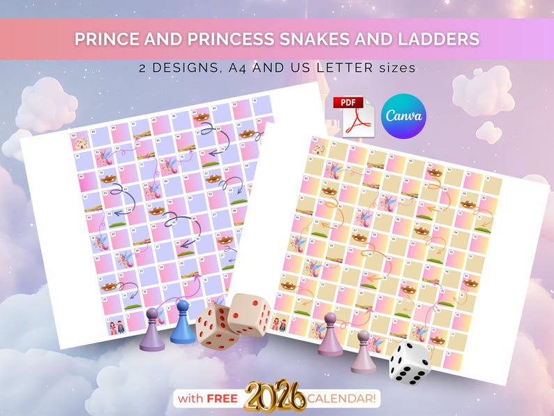 Snakes and Ladders Printable Board Game Prince Princess Quest Adventure ...